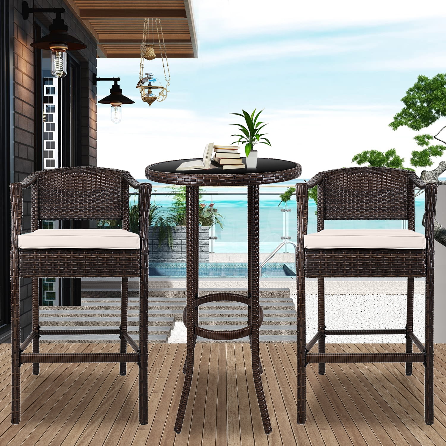 Patio Bistro Set, 3 Piece Outdoor High Top Table and Chair Set, Wicker ...