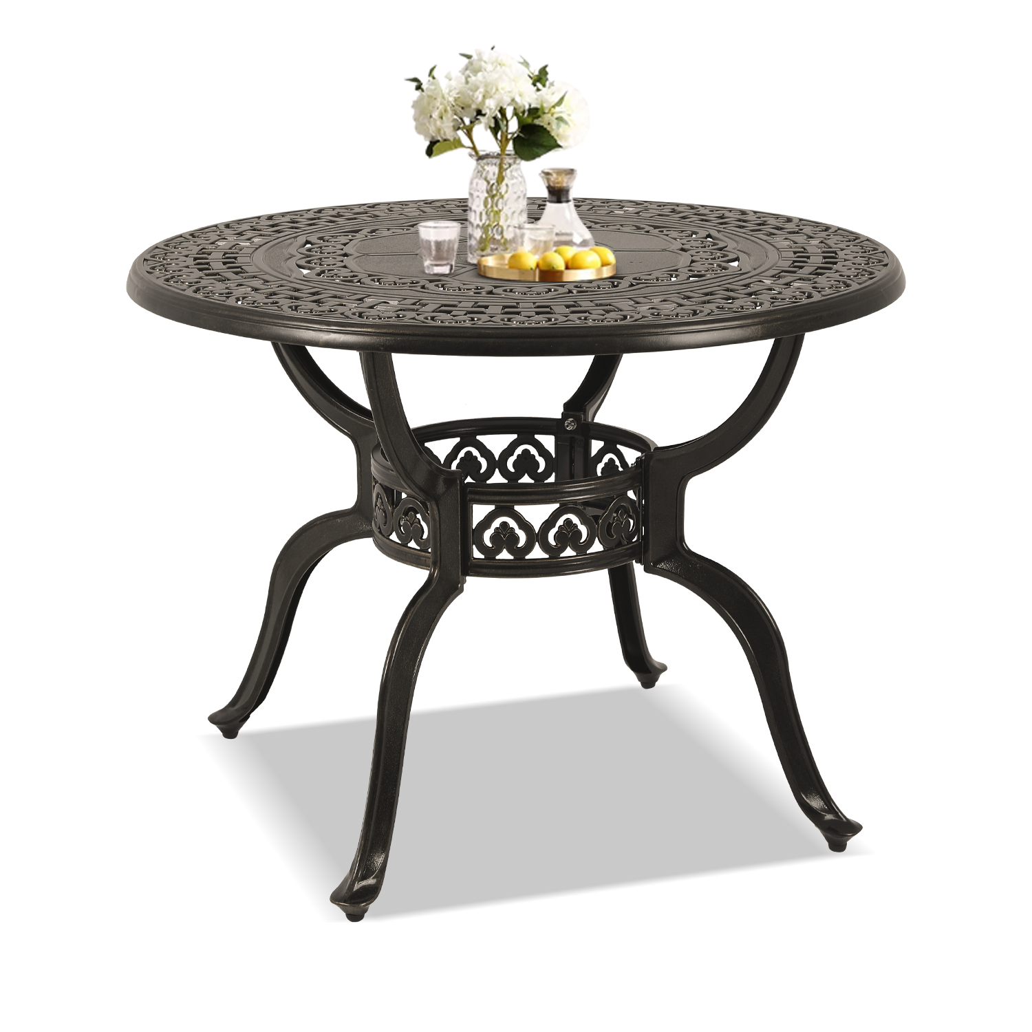Patio Cast Aluminum Table, 38.5’’ Patio Dining Table with Umbrella Hole ...