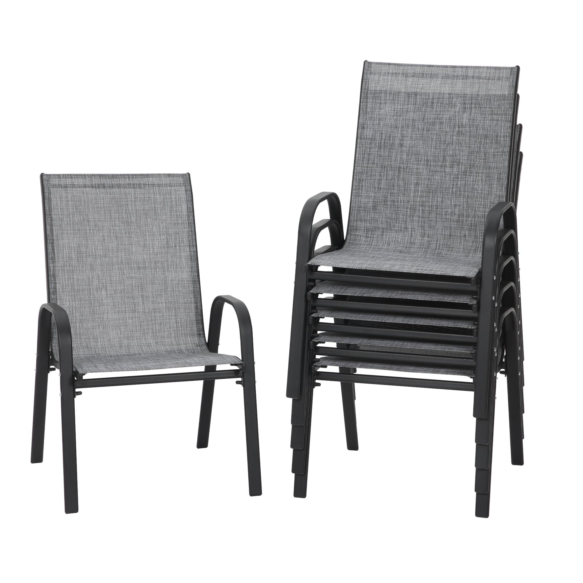 Stackable Patio Chairs, Set of 6, Lawn Outdoor Dining, Gray Polyester ...