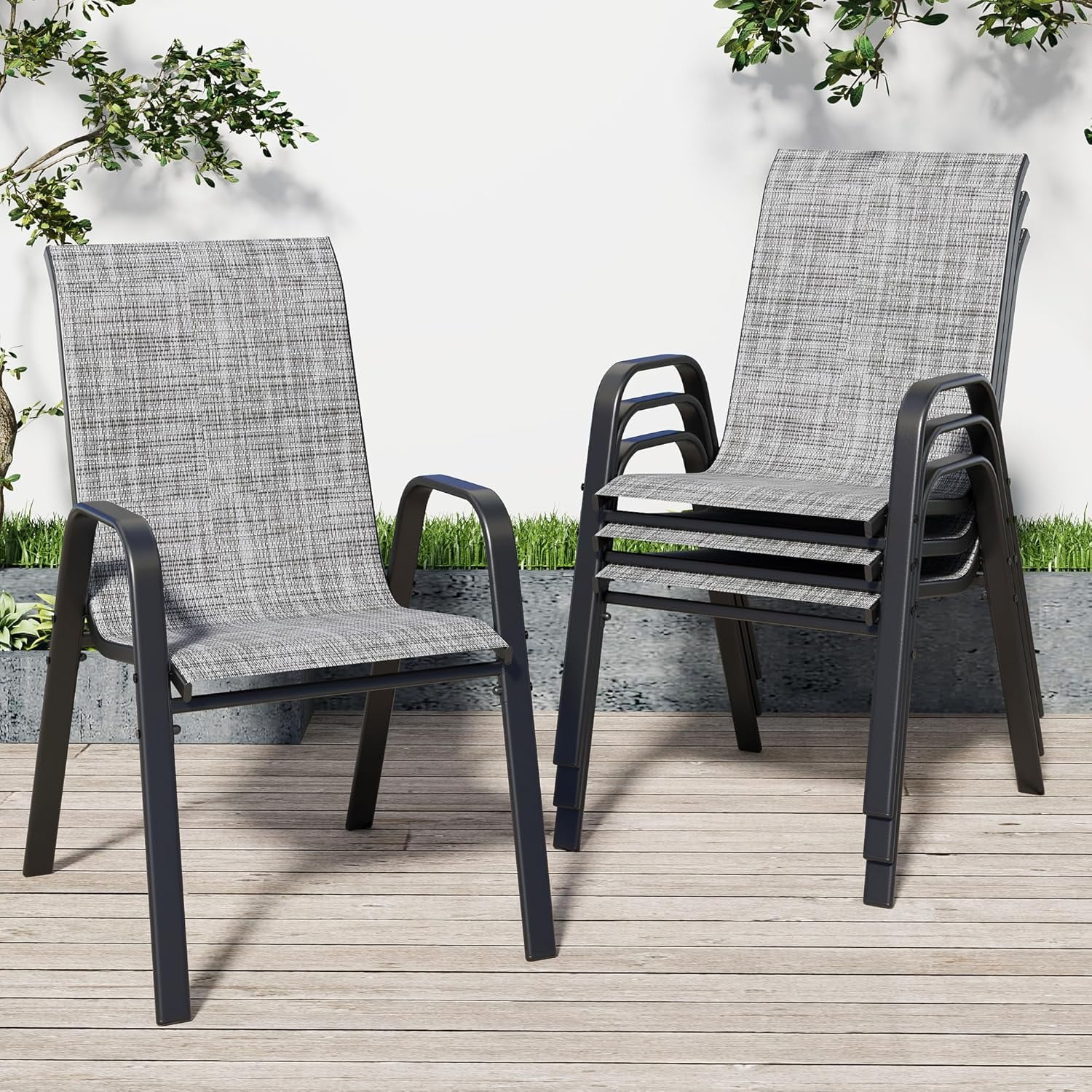 Patio Chairs, Stackable Outdoor Dining Chairs for All Weather Textilene ...