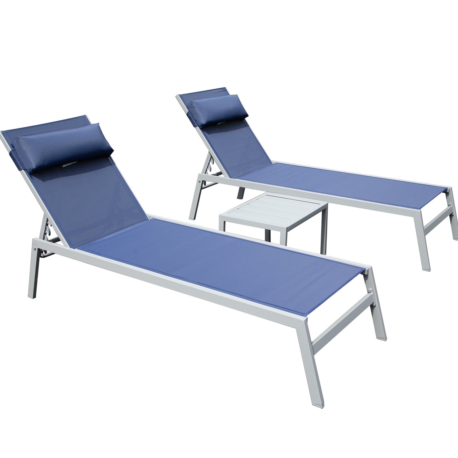 Patio Chaise Lounge Of 3: Navy Blue Aluminum Beachside Chairs With Side ...