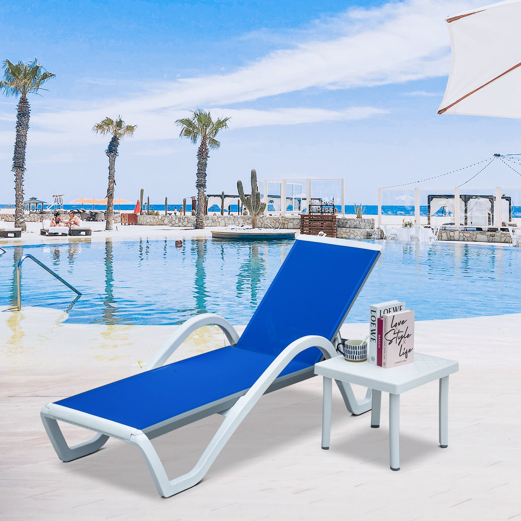 Domi Outdoor Living Blue Patio Chaise Lounge with Table, Adjustable for ...