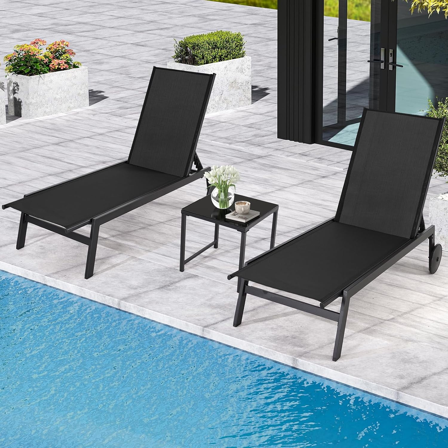 Patio Chaise Lounge Chair Set of 2 with Table, Adjustable Backrest ...