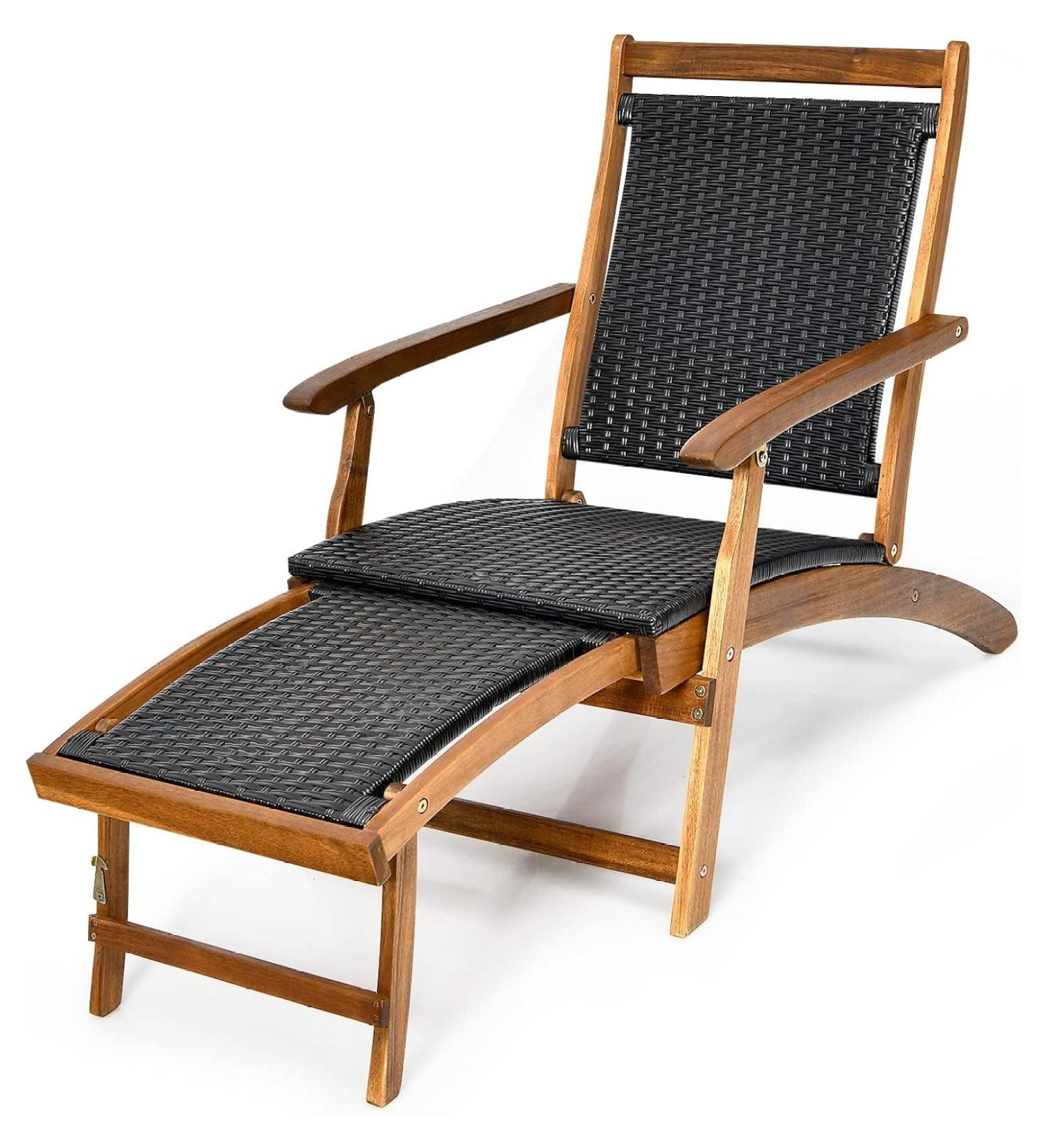 Patio Chaise Lounge Chair - Wood Folding Rattan Wicker Chair w/Retractable Footrest, Space ...