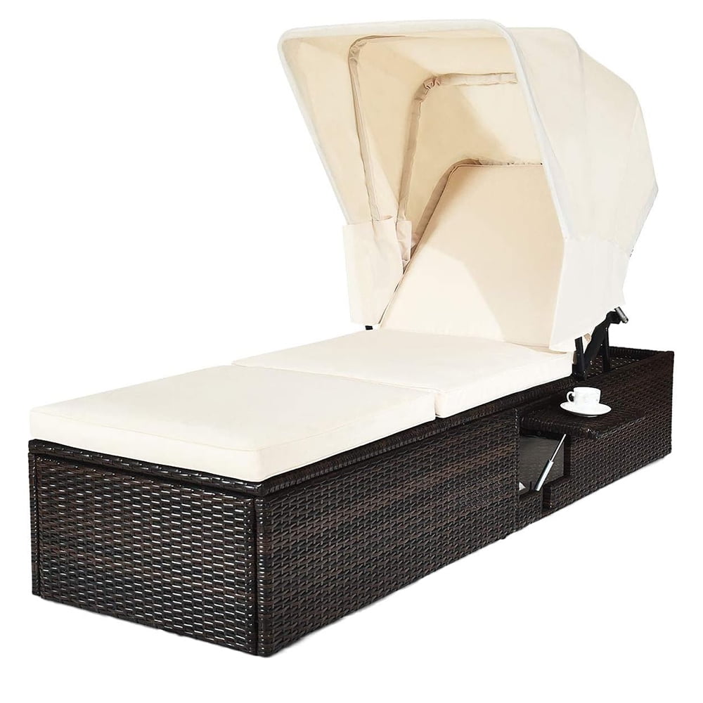 Patio Chaise Lounge with Retractable Canopy, Reclining Chair with ...