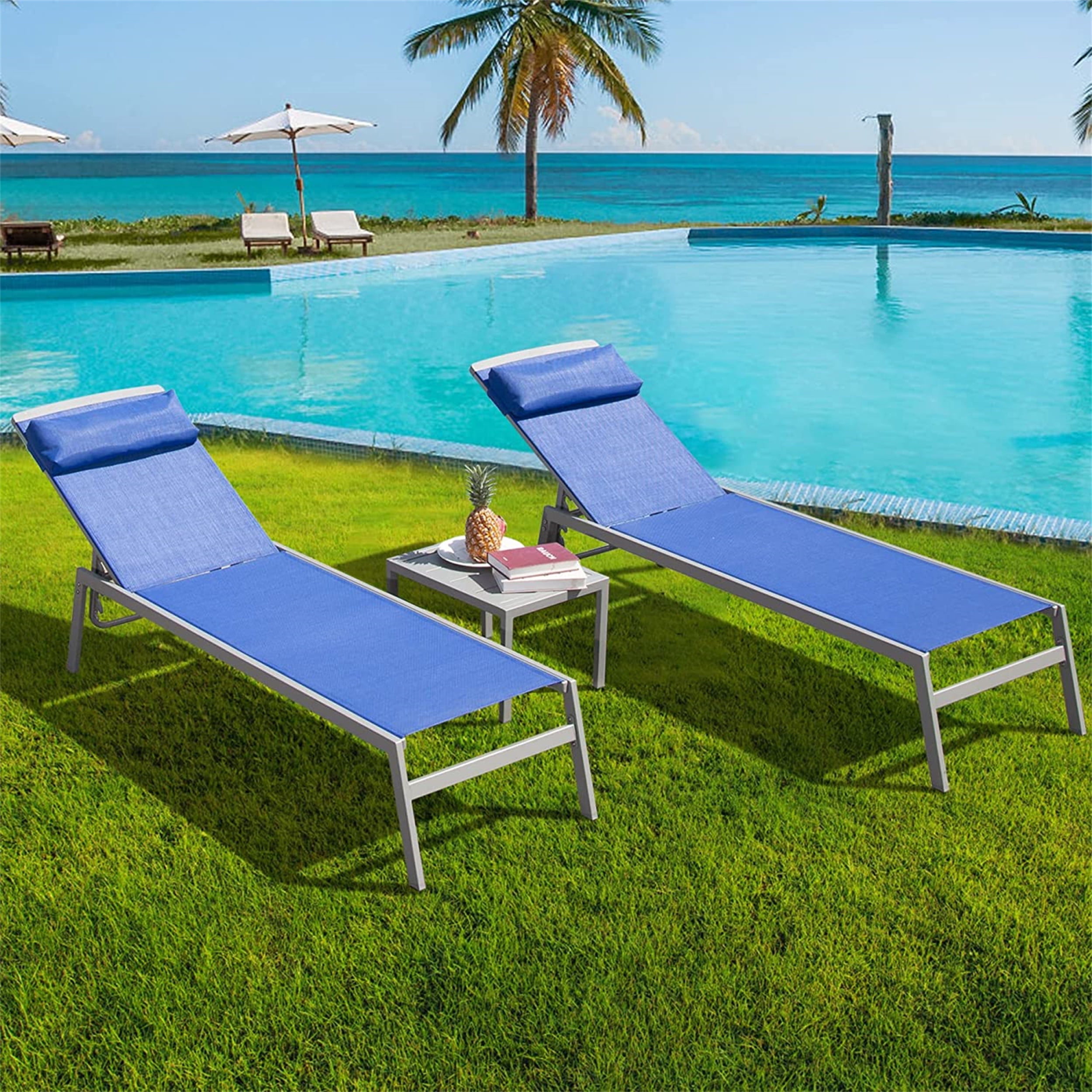 Patio Chaise Lounge Set, 3 Pieces Adjustable Aluminum Backrest Pool ...