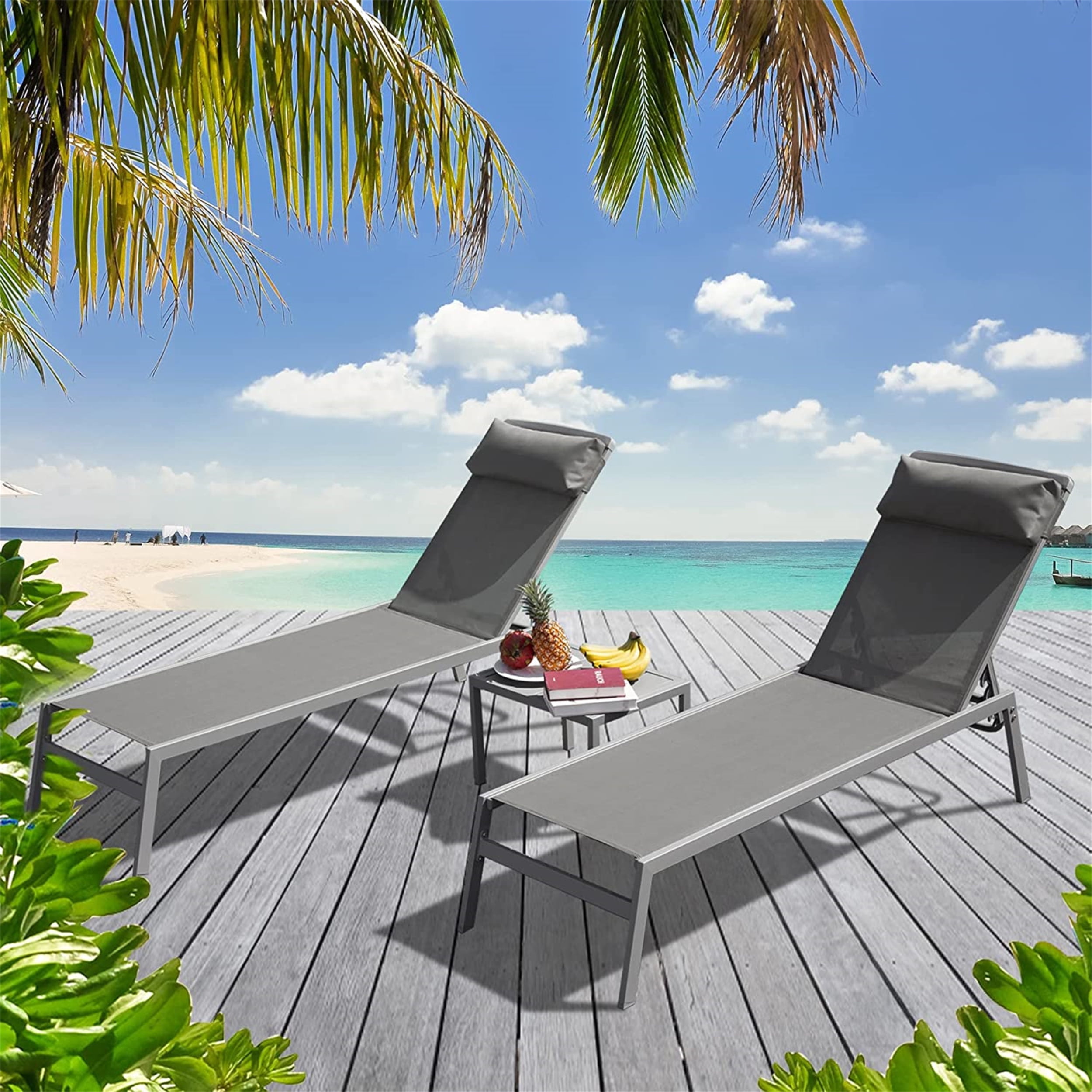 Patio Chaise Lounge Set, 3 Pieces Aluminum Adjustable Pool Lounge ...