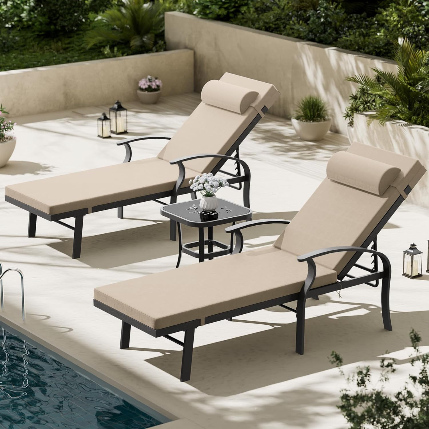 Patio Chaise Lounge Set 3 Pieces Outdoor Lounge Chair with Rattan ...