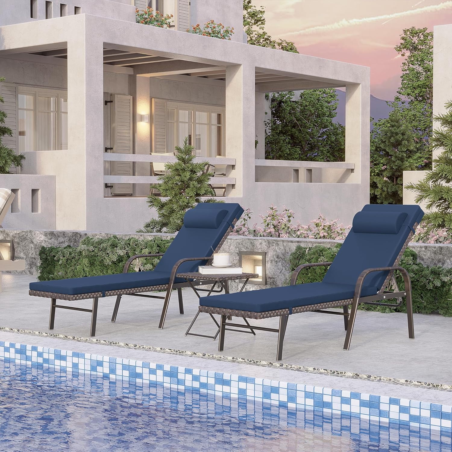 Patio Chaise Lounge Set 3 Pieces Outdoor Lounge Chair, Rattan Reclining ...