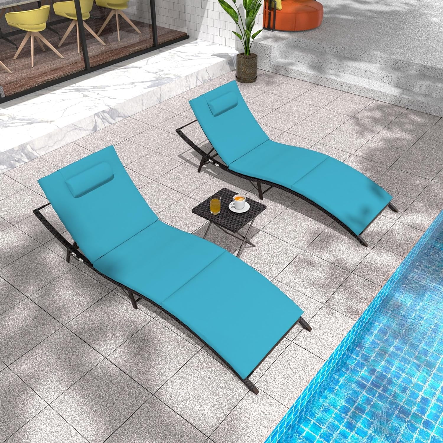 Patio Chaise Lounge Set 3 Pieces Pool Lounge Chairs Cushioned Outdoor ...