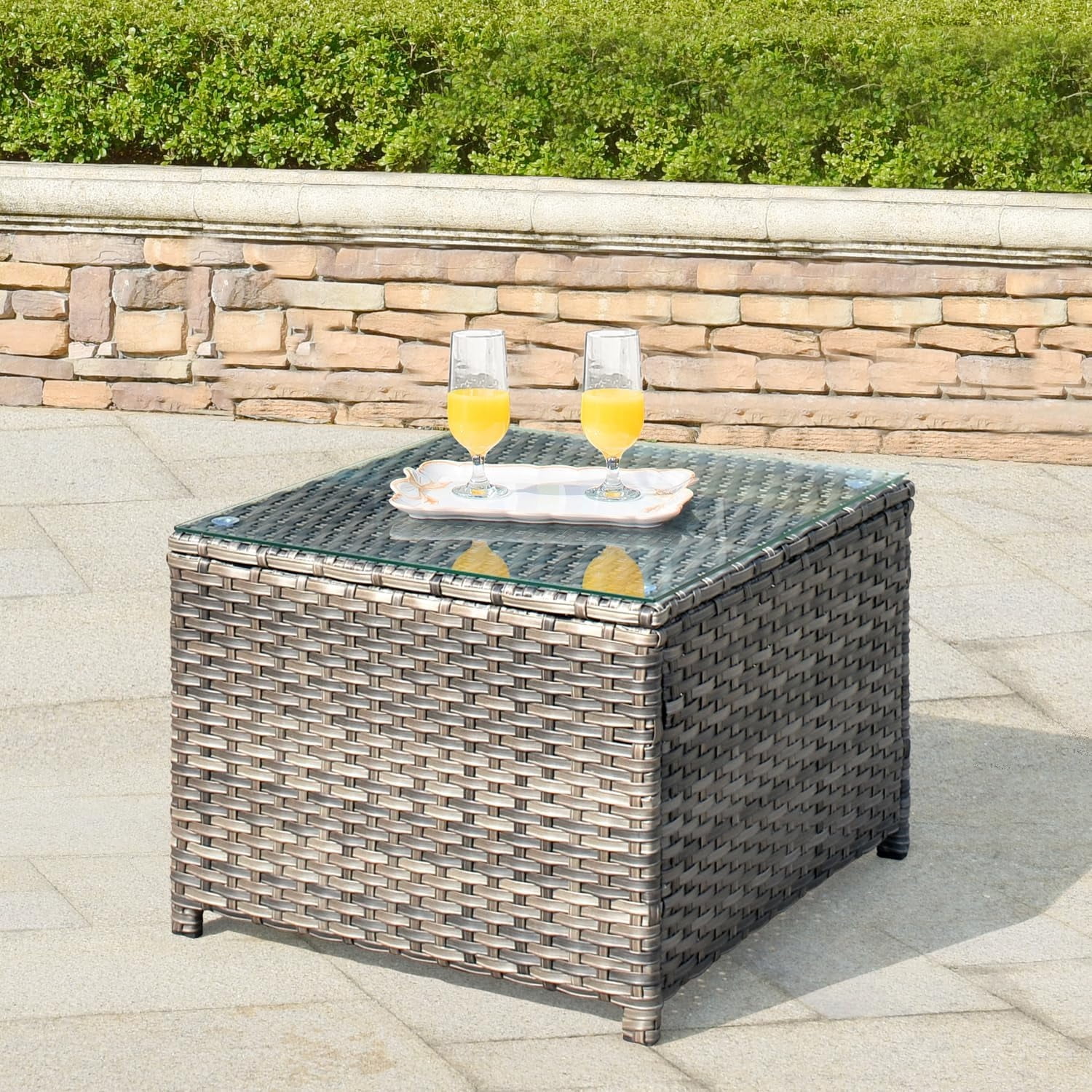 Patio Coffee Outdoor Wicker Rattan Garden Tea Square End with Glass Top ...