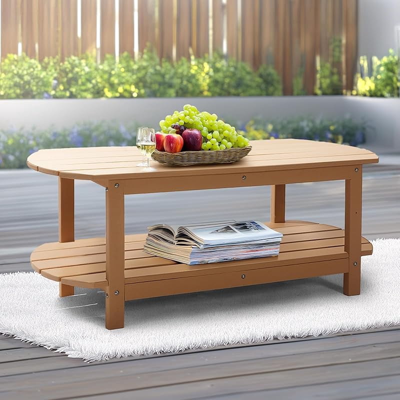 Patio Coffee Table, Outdoor Coffee Table with 2-Tier Storage, Weather ...