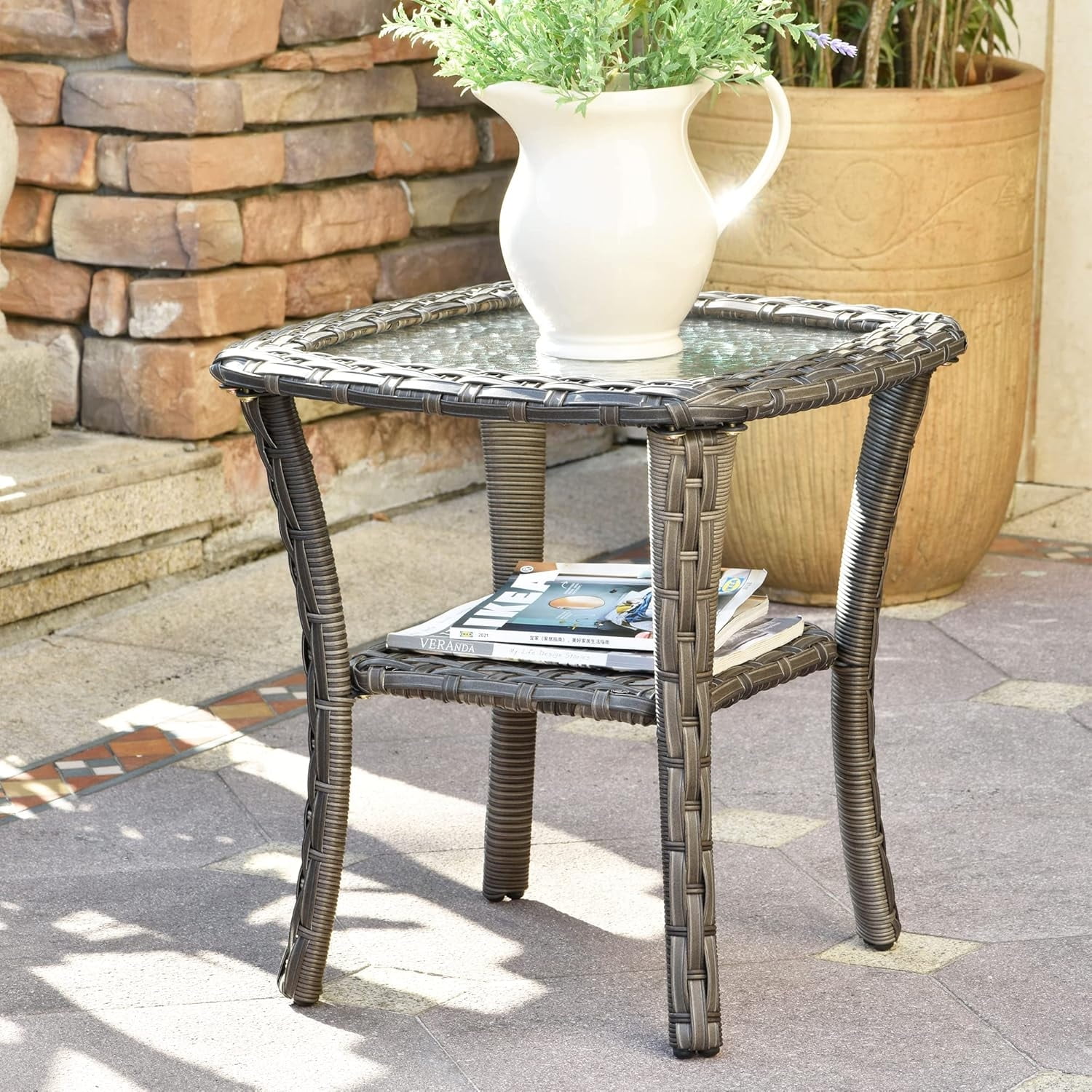 Patio Coffee Table Outdoor End Table Wicker Rattan Glass Top Side Table ...