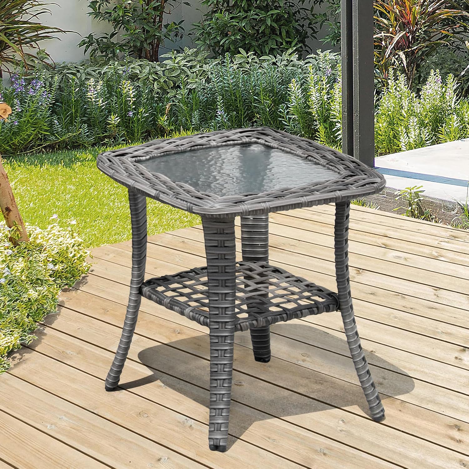 Patio Coffee Table Outdoor Rattan Wicker Side Table with Glass Top, All ...