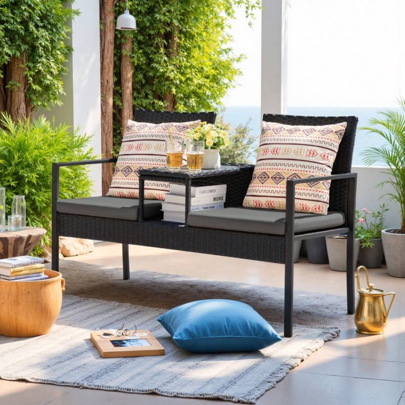 Patio Conversation Loveseat Set – Outdoor Wicker Bench with Built-In ...