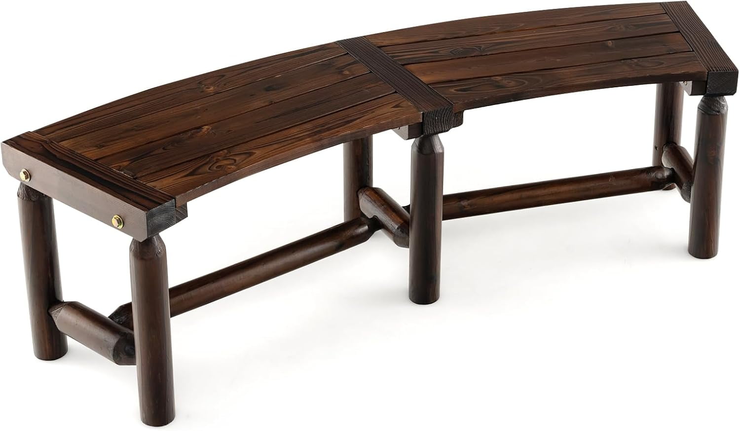 Patio Curved Bench, Carbonized Wood Dining Bench for Round Table, Spacious & Slatted Seat, 2 ...