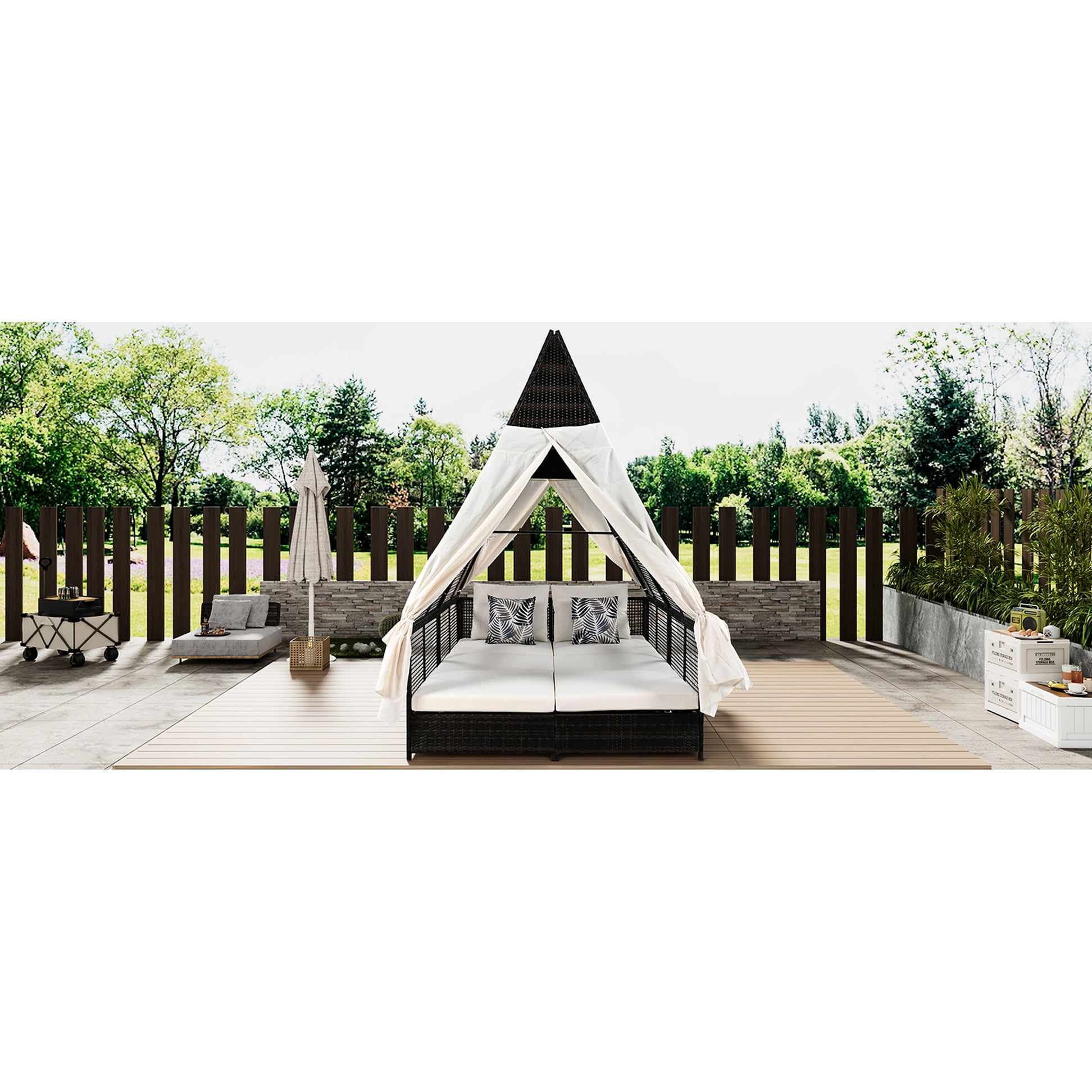 Patio Daybed Lounge Bed With Adjustable And Curtain Privacy - Cream ...