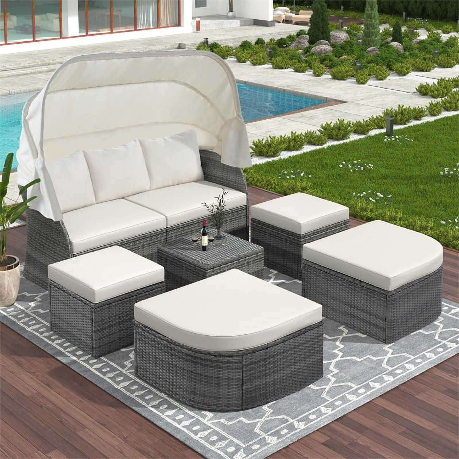 Patio Daybed with Retractable Canopy, Modular Outdoor Sunbed with and ...