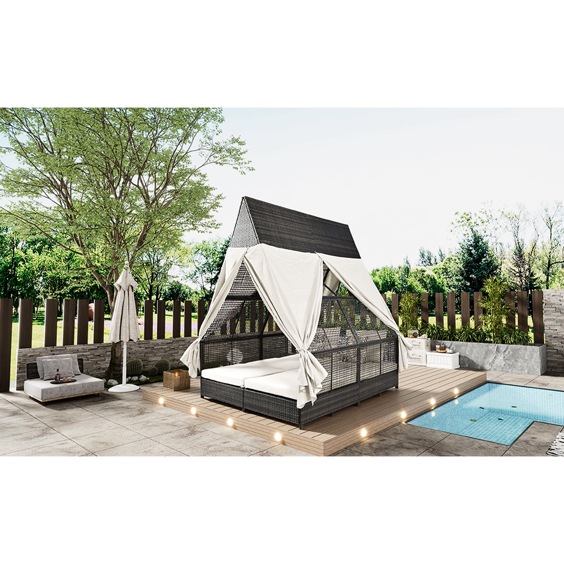 Patio Daybed With Adjustable And 4 Pillows, Privacy Curtains In Beige ...