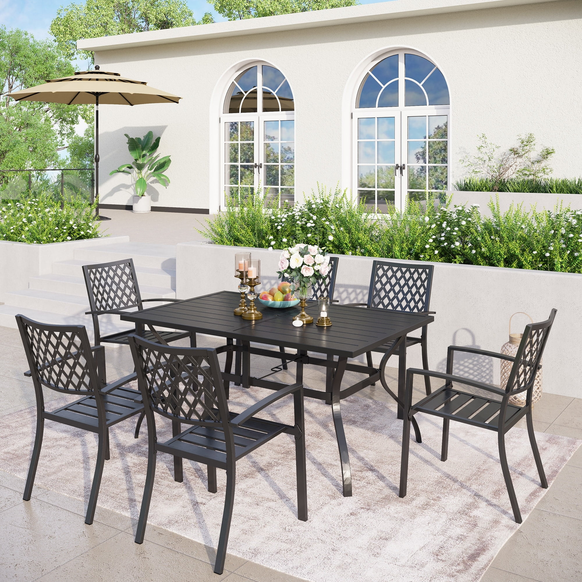 MAISON ARTS Patio Dining Set 7 Piece Metal Rectangle Table and 6 Metal ...