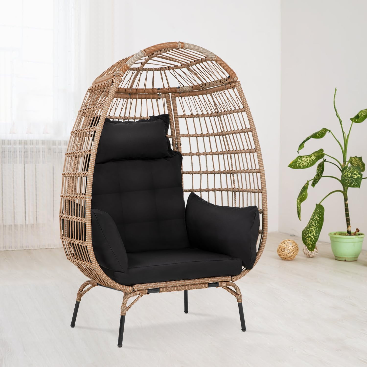 Patio Egg Chair Outdoor Stationary Wicker Egg Lounge Chair with Cushion ...