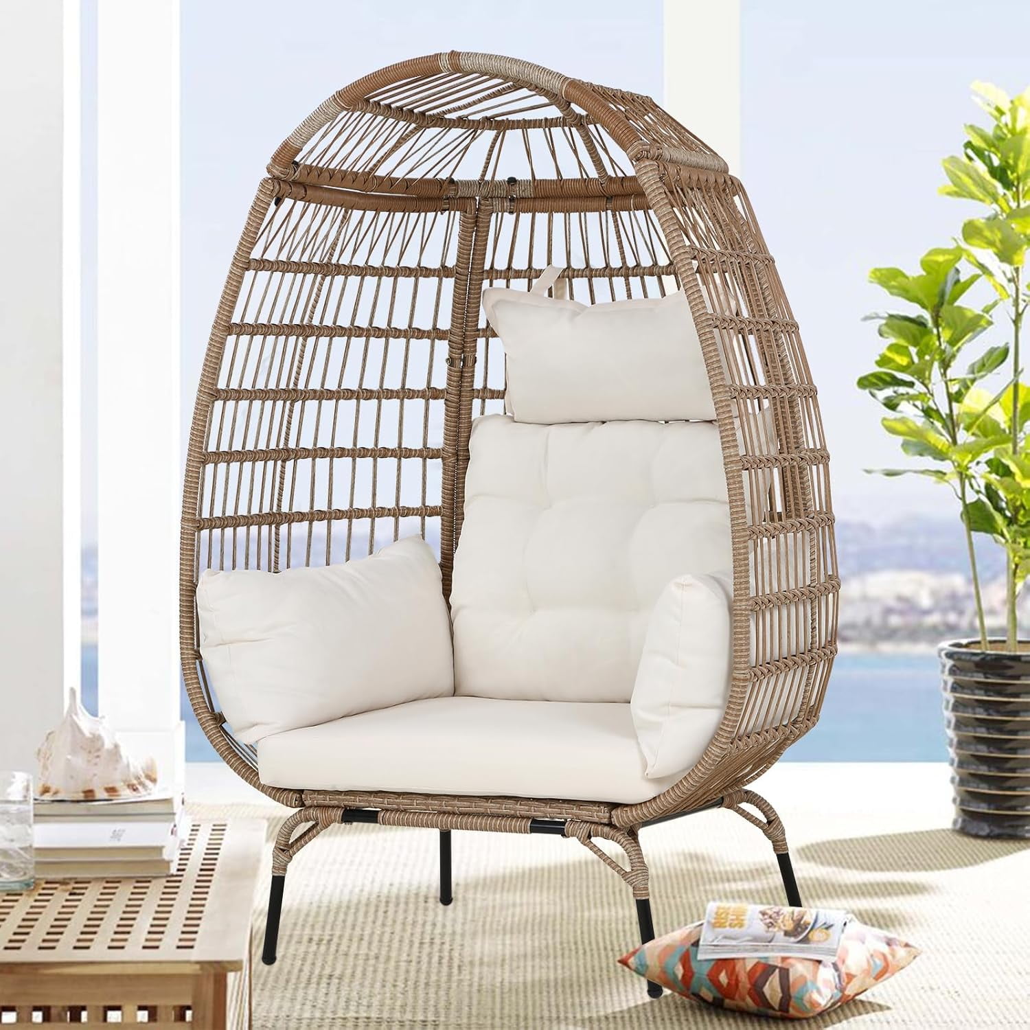 Patio Egg Chair Outdoor Stationary Wicker Egg Lounge Chair with Cushion ...