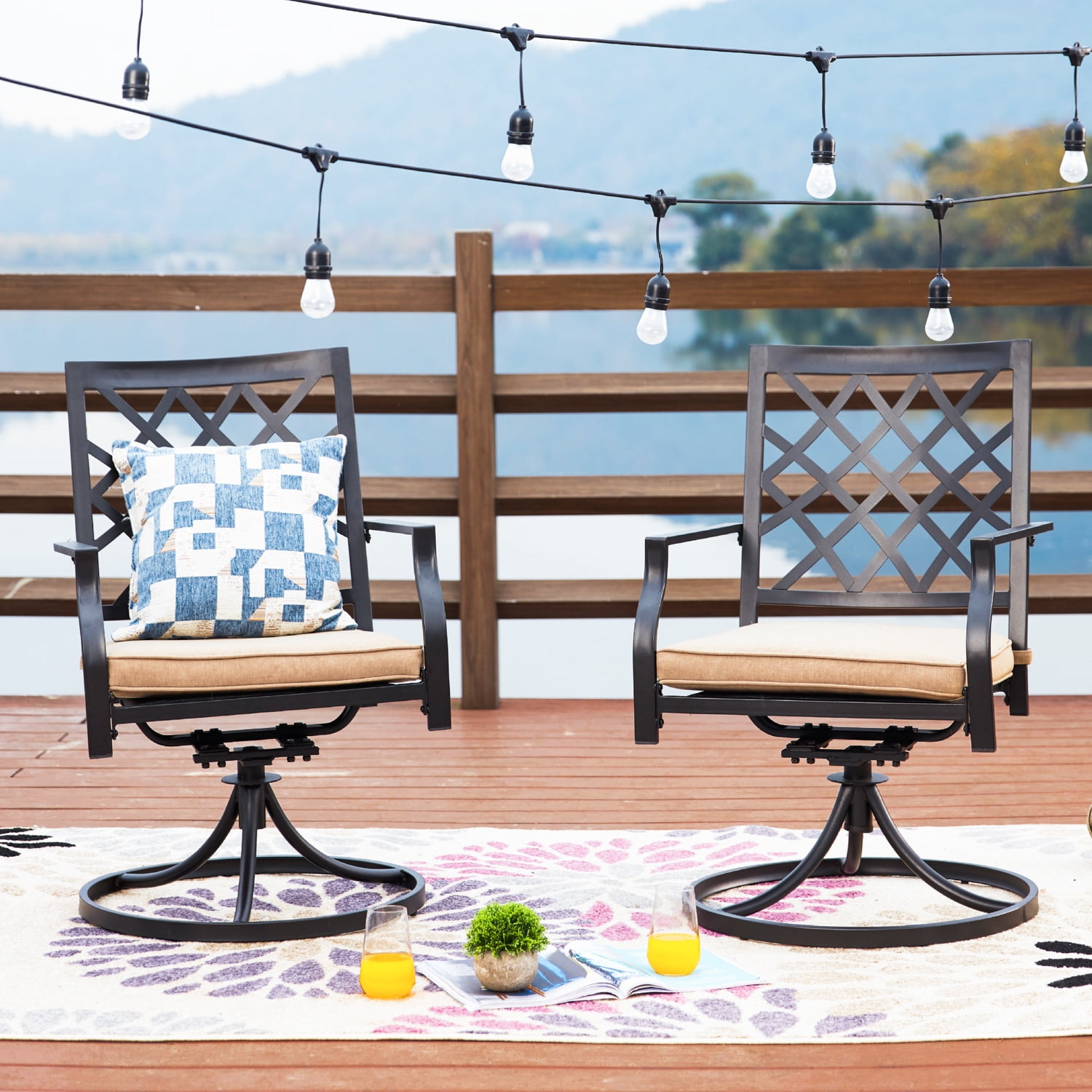 Patio Festival Metal Outdoor Swivel Chair with Beige Cushion 2-Pack ...