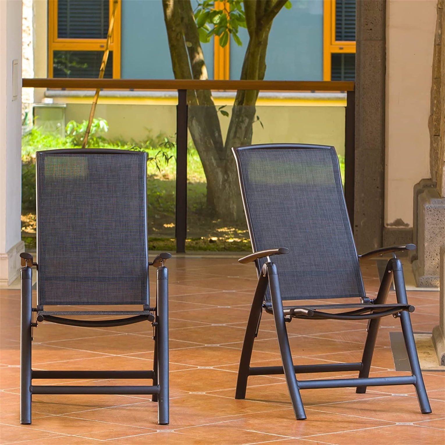 Patio Folding Sling Dining Chairs Set of 2, Aluminum Outdoor Padded ...