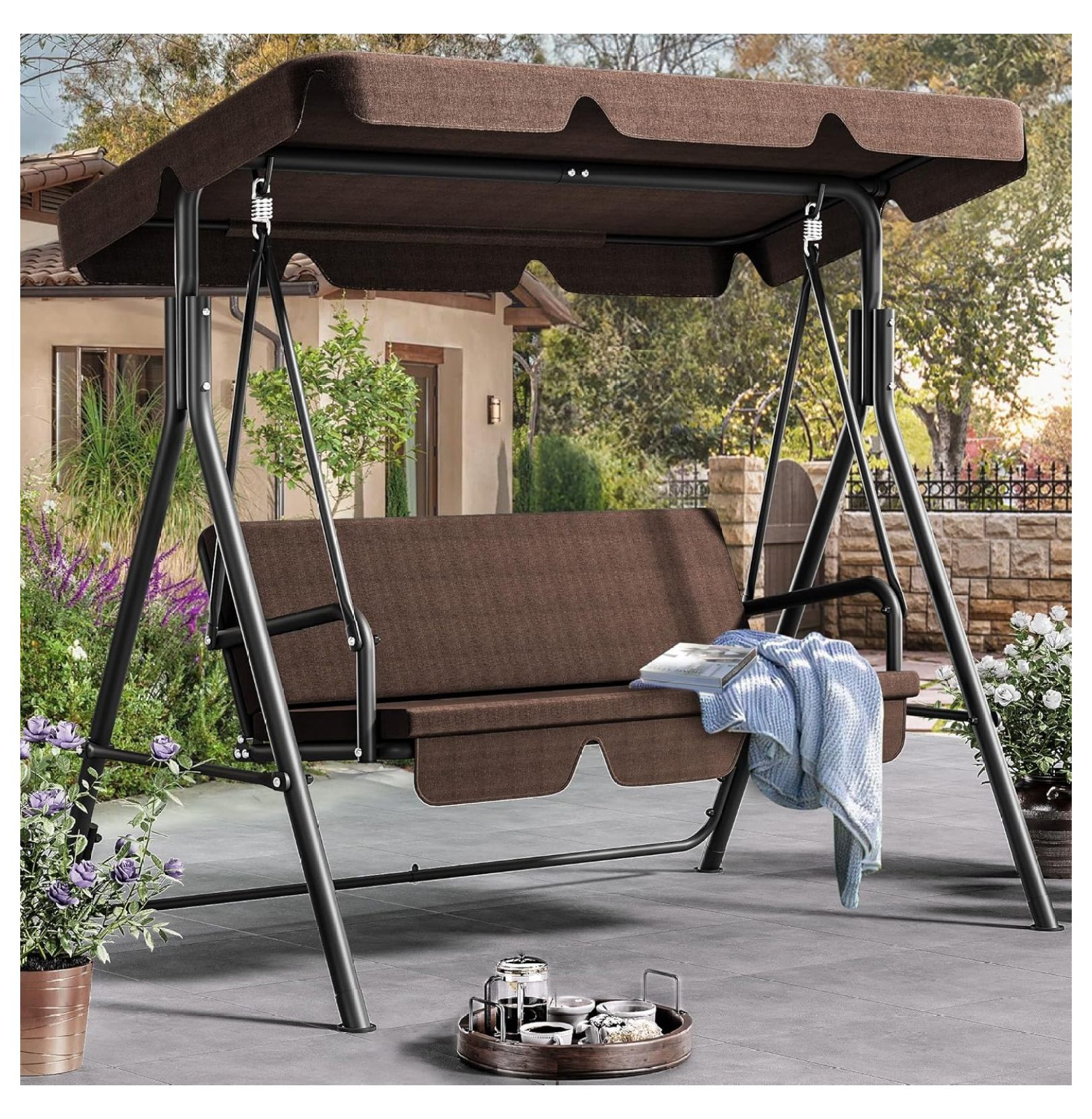 Patio Front Porch for Adults 3 Seat Porch with Adjustable Canopy ...