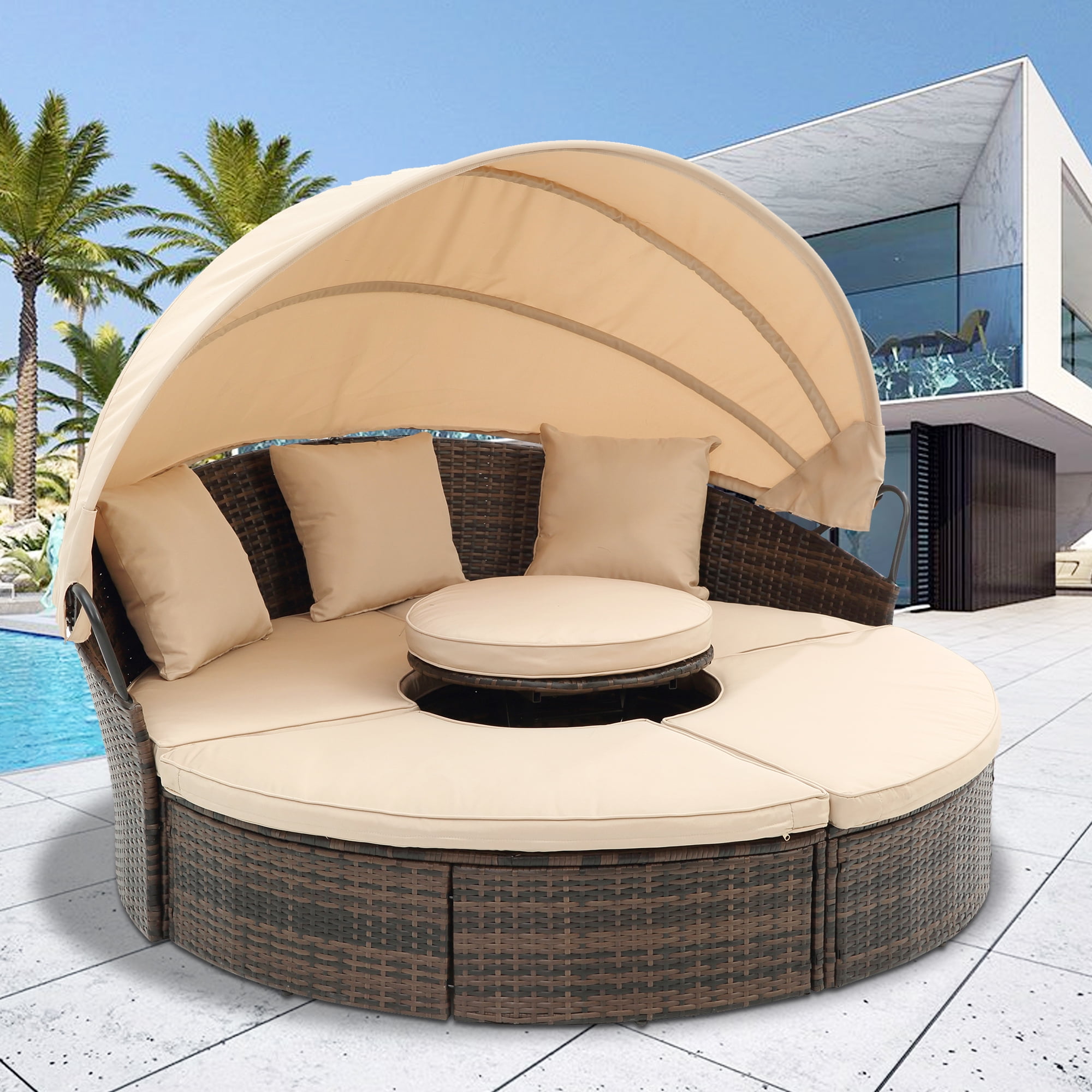 Outdoor Patio Sofa Furniture Round Retractable Canopy Daybed Brown Wicker Rattan | Cabinets Matttroy
