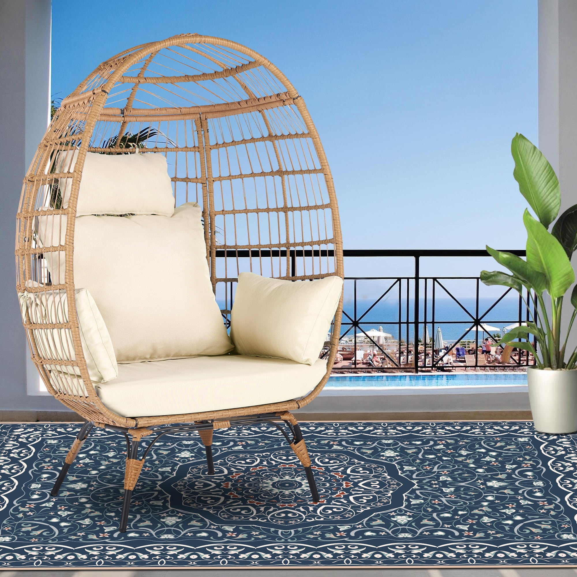 Patio Furniture Egg Chair, Rattan Stationary Egg Chair with Beige ...