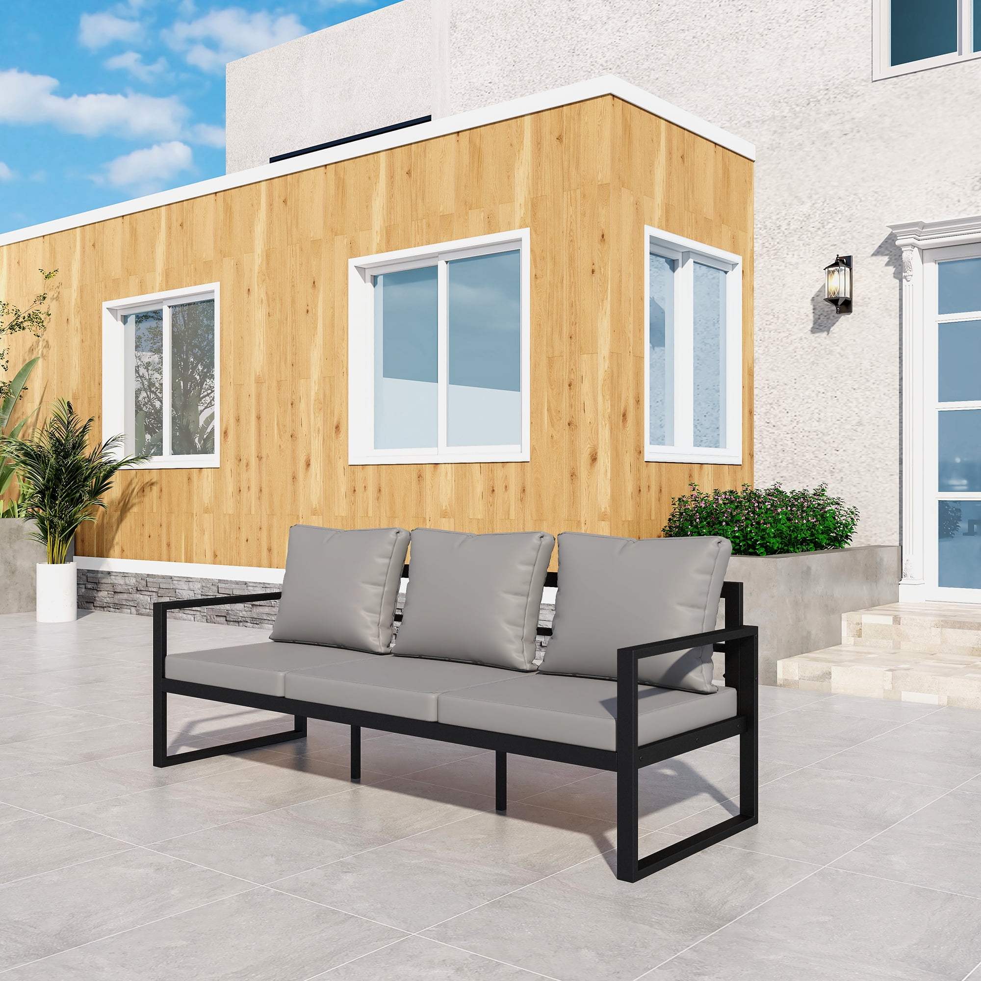 Patio Furniture Metal Couch, 3-Seat All-Weather Outdoor Black Metal ...