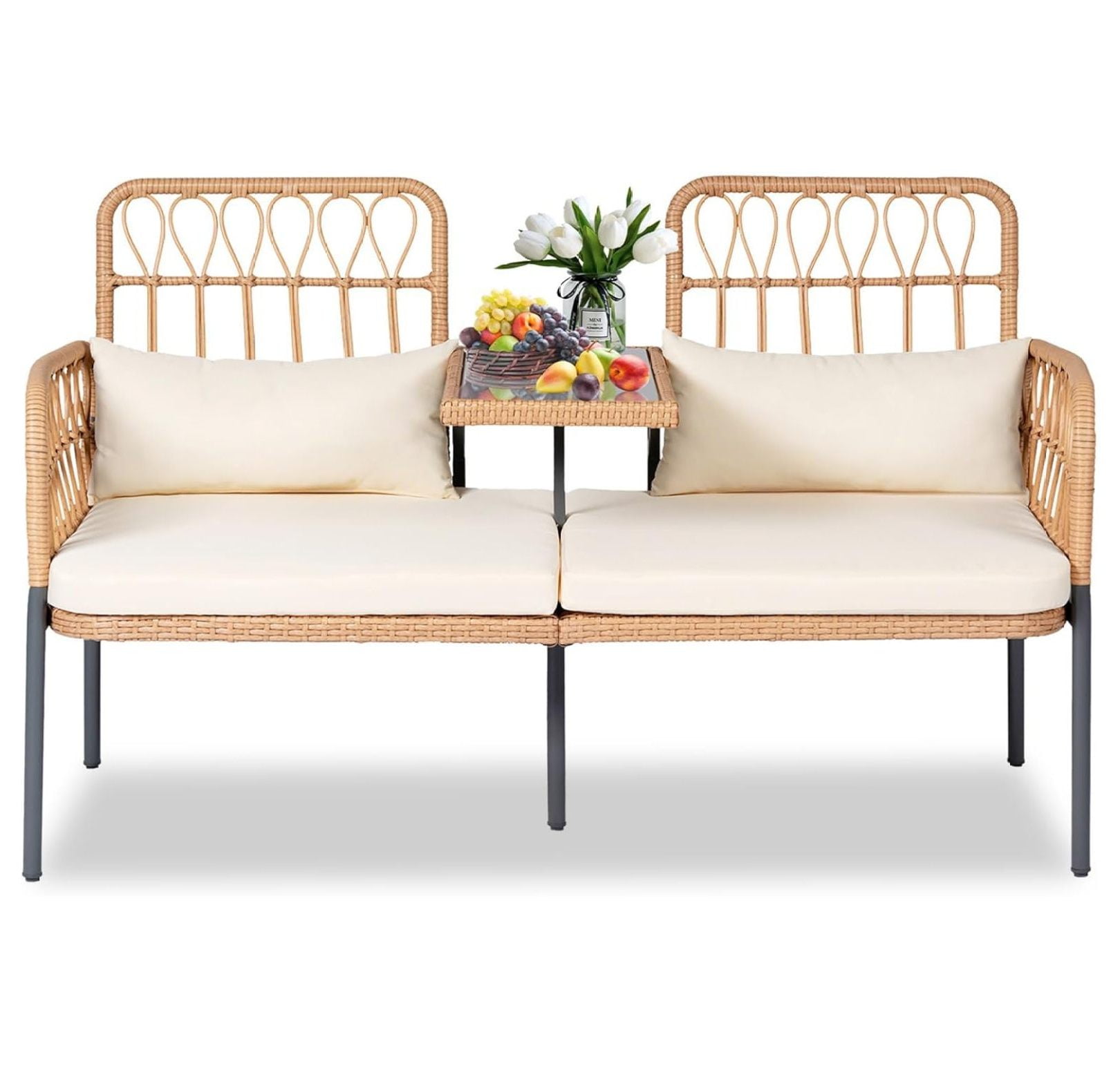 Patio Furniture Outdoor Rattan Loveseat 2-Seat with Built-in Table ...