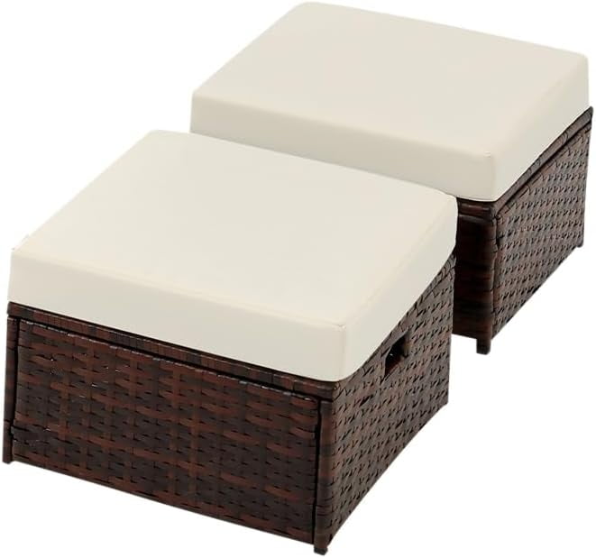 Patio Furniture Set 2 Pieces Ottoman Rattan Foot Stool with Removable ...