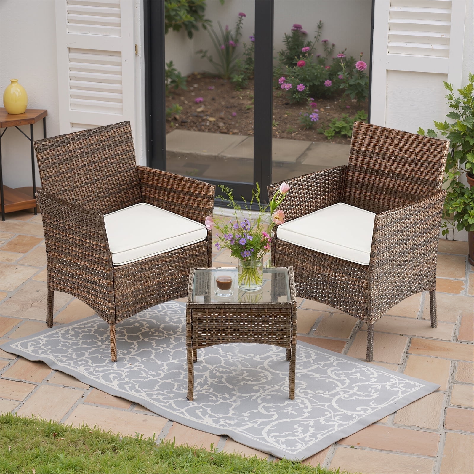 Patio Furniture Set, 3 PCS Rattan Patio Chairs Conversation Sets with ...