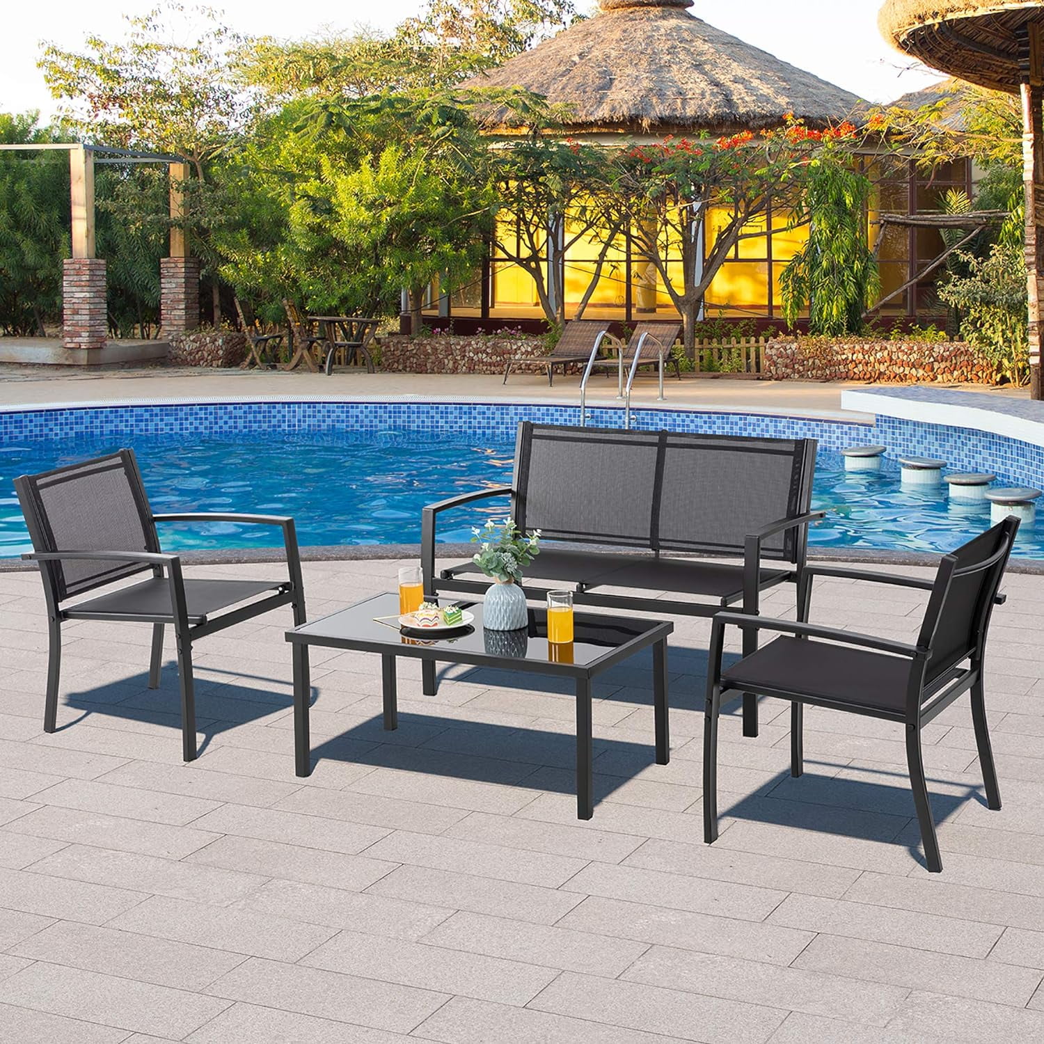 Patio Furniture Set, 4 Pieces Conversation Set with Textile Fabric ...