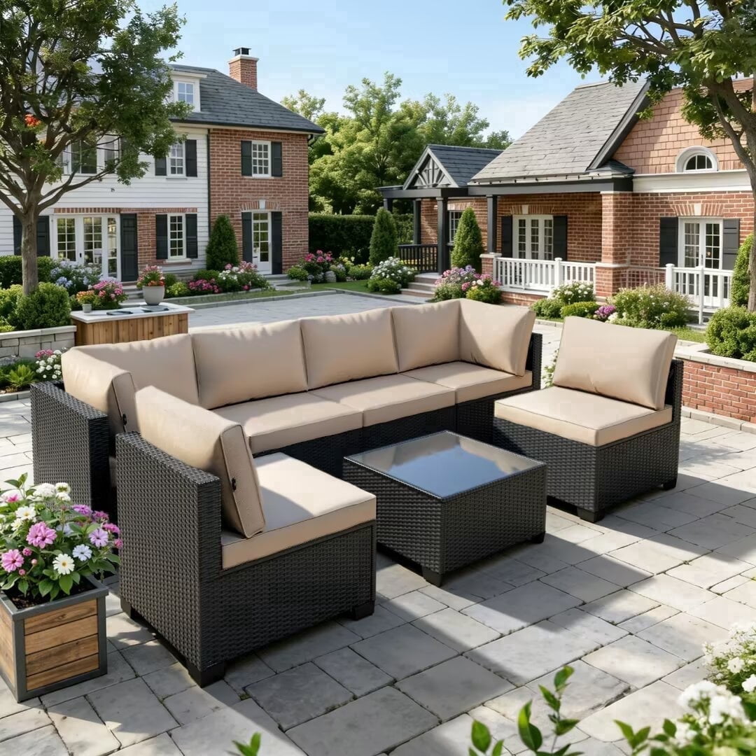 Patio Furniture Set 7 Piece - All-Weather - Wicker Rattan Patio Outdoor ...