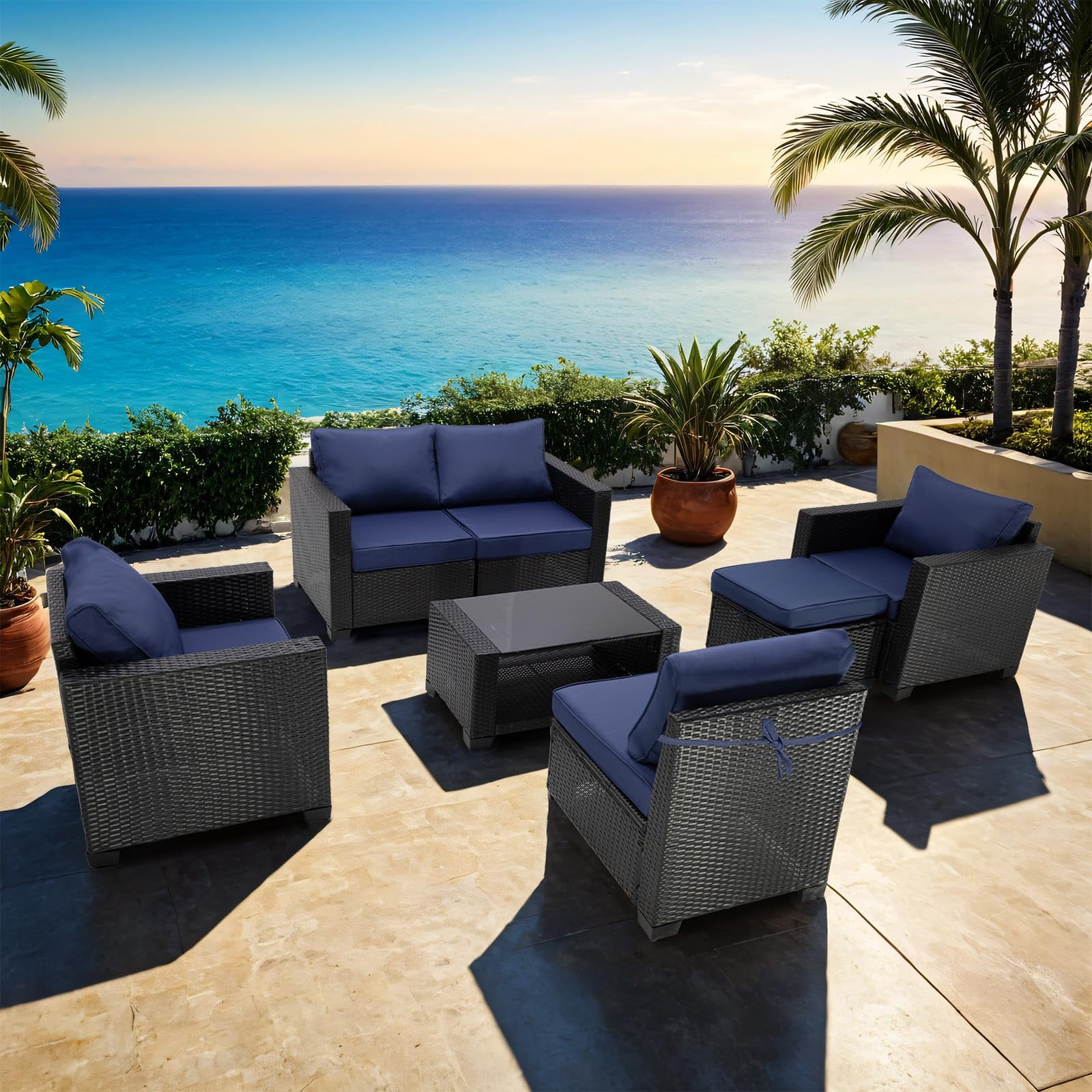 Patio Furniture Set 7 Piece Outdoor Patio Sectional Furniture Conversation Set Wicker Porch ...