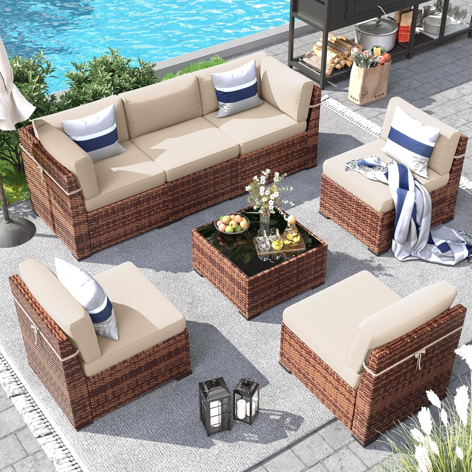 Patio Furniture Set 7 Pieces Outdoor Modular Conversation Set Wicker ...
