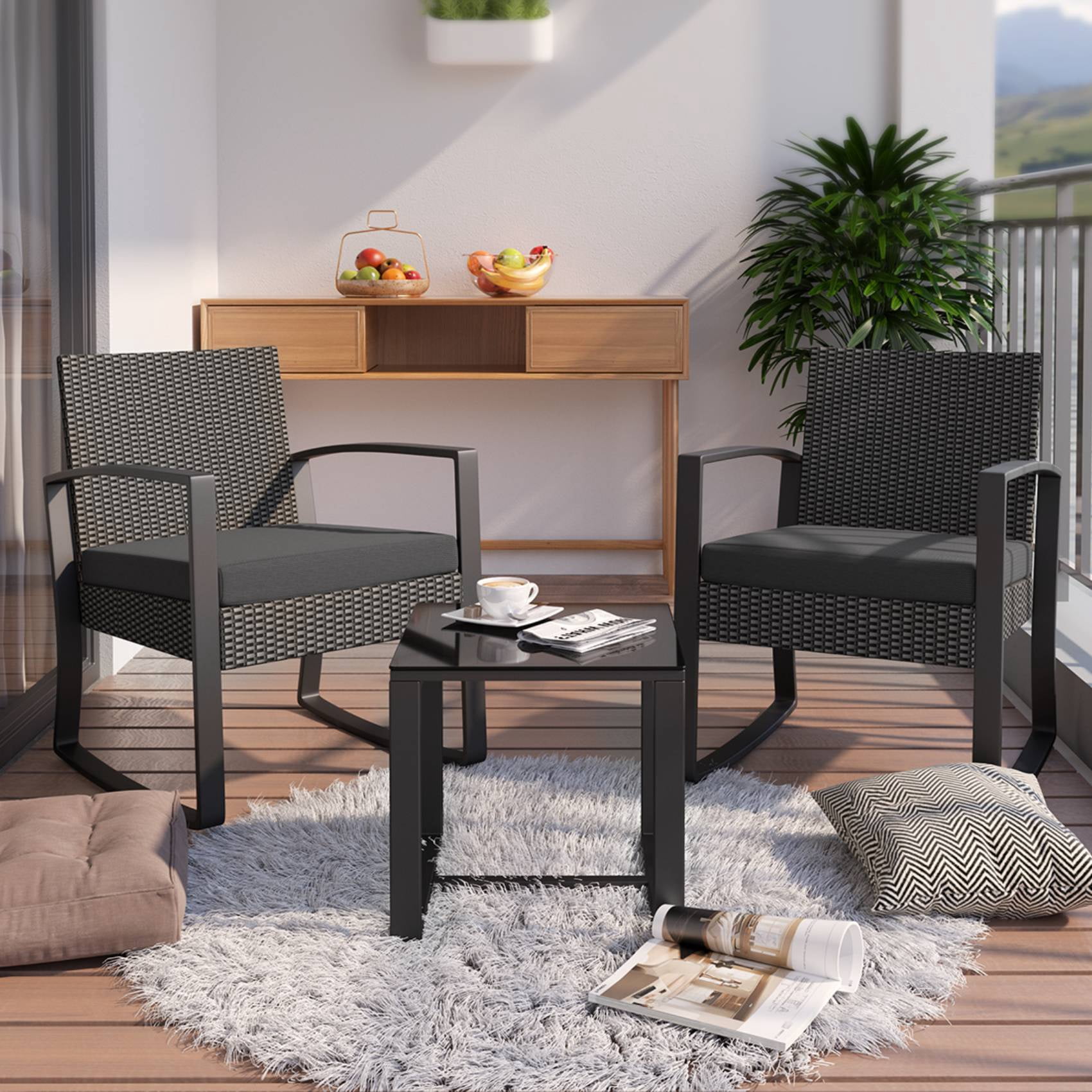 Lofka Balcony Furniture Set for 2, 3-Piece Outdoor Conversation Wicker ...