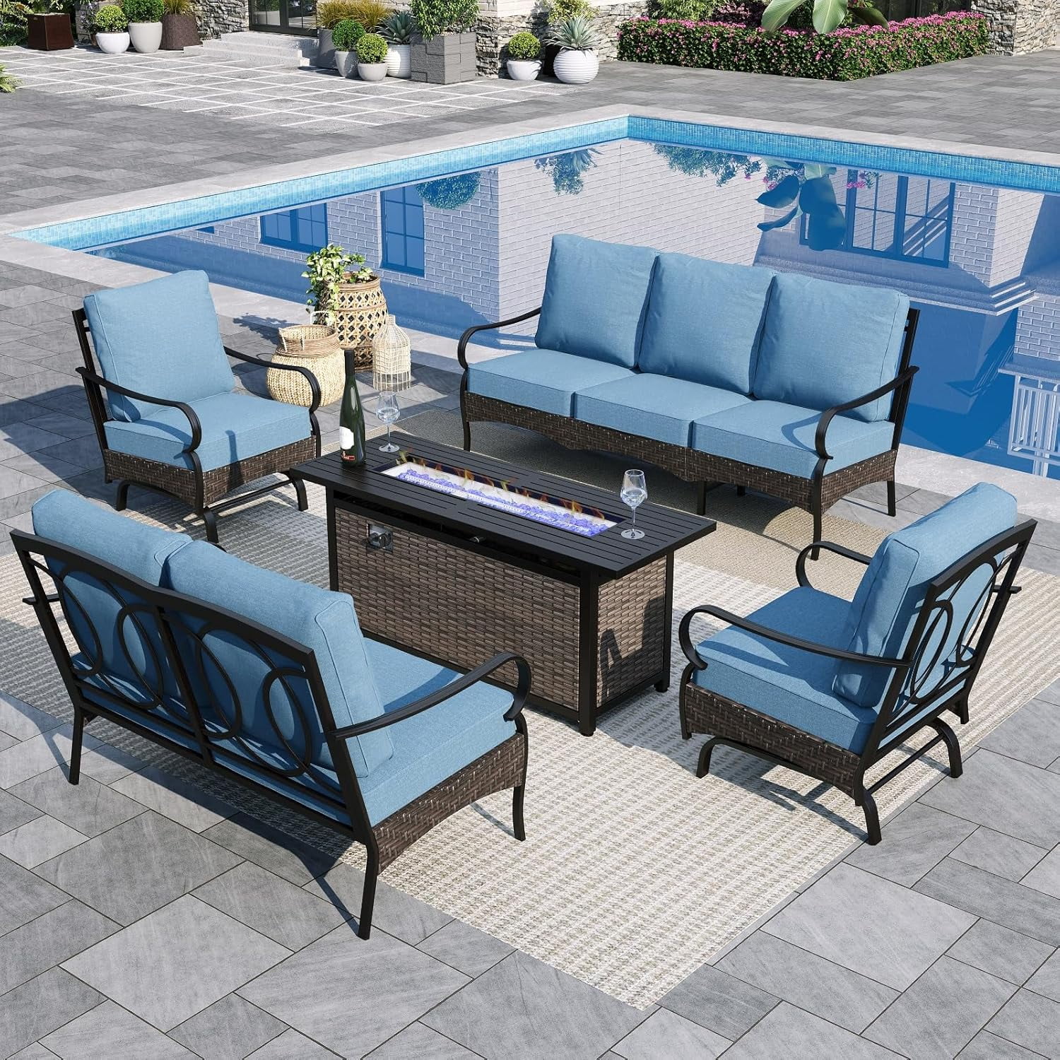 Patio Furniture Set with Fire Pit Table, 5 PCS Metal Outdoor ...
