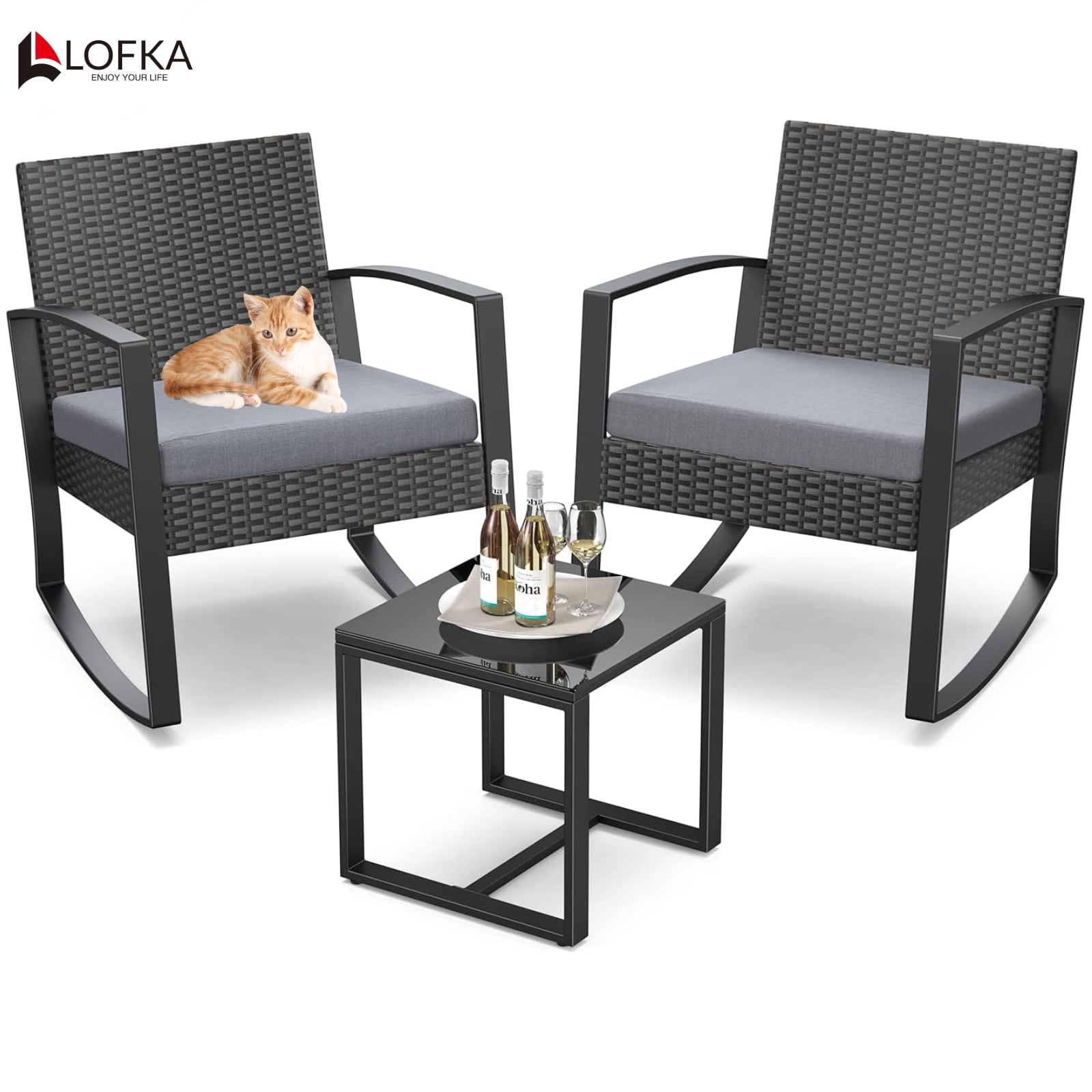 Lofka Patio Furniture Set, 3 Pieces Rocking Chairs with Glass Table ...