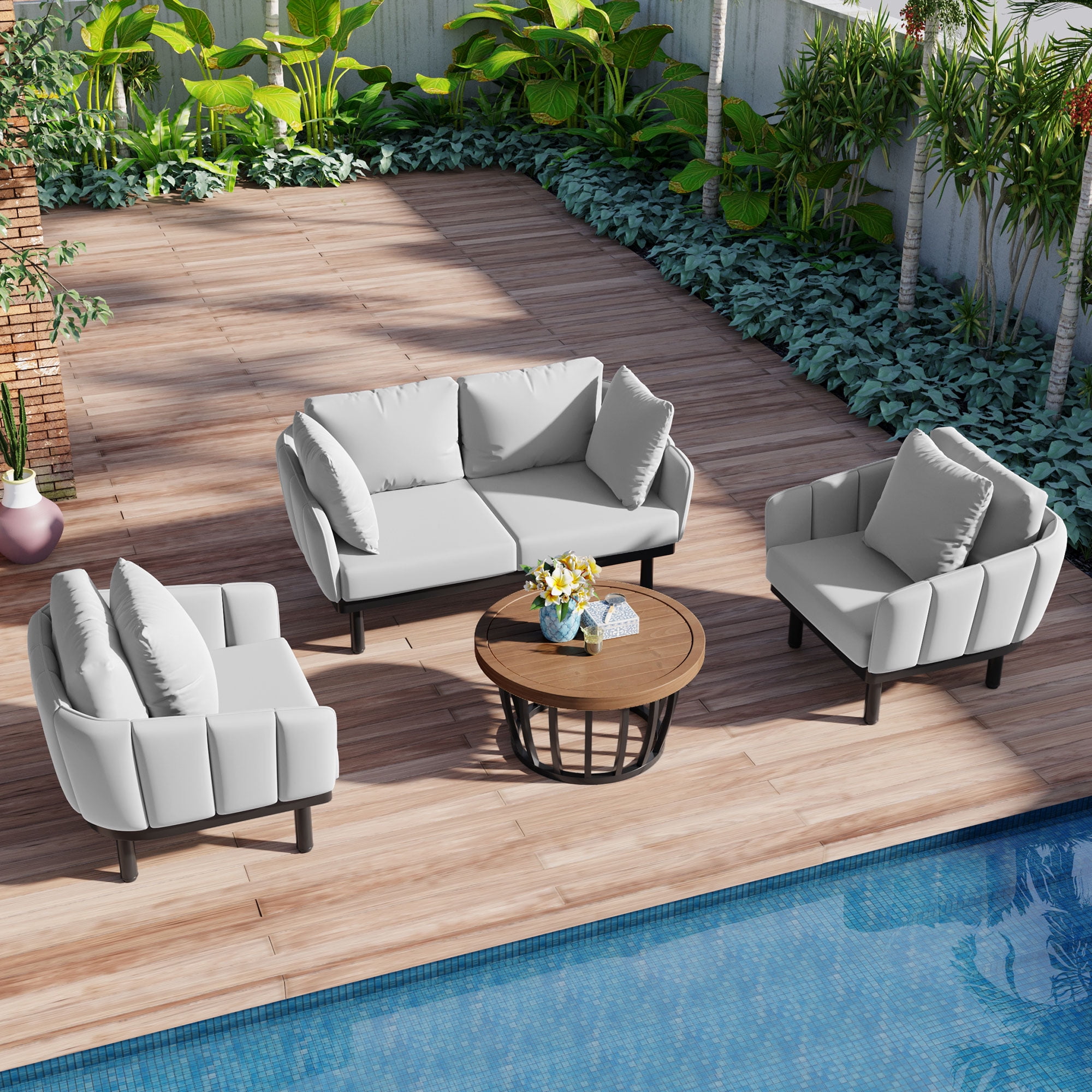 Patio Furniture Set, Modern Conversation Set with Acacia Wood Round ...