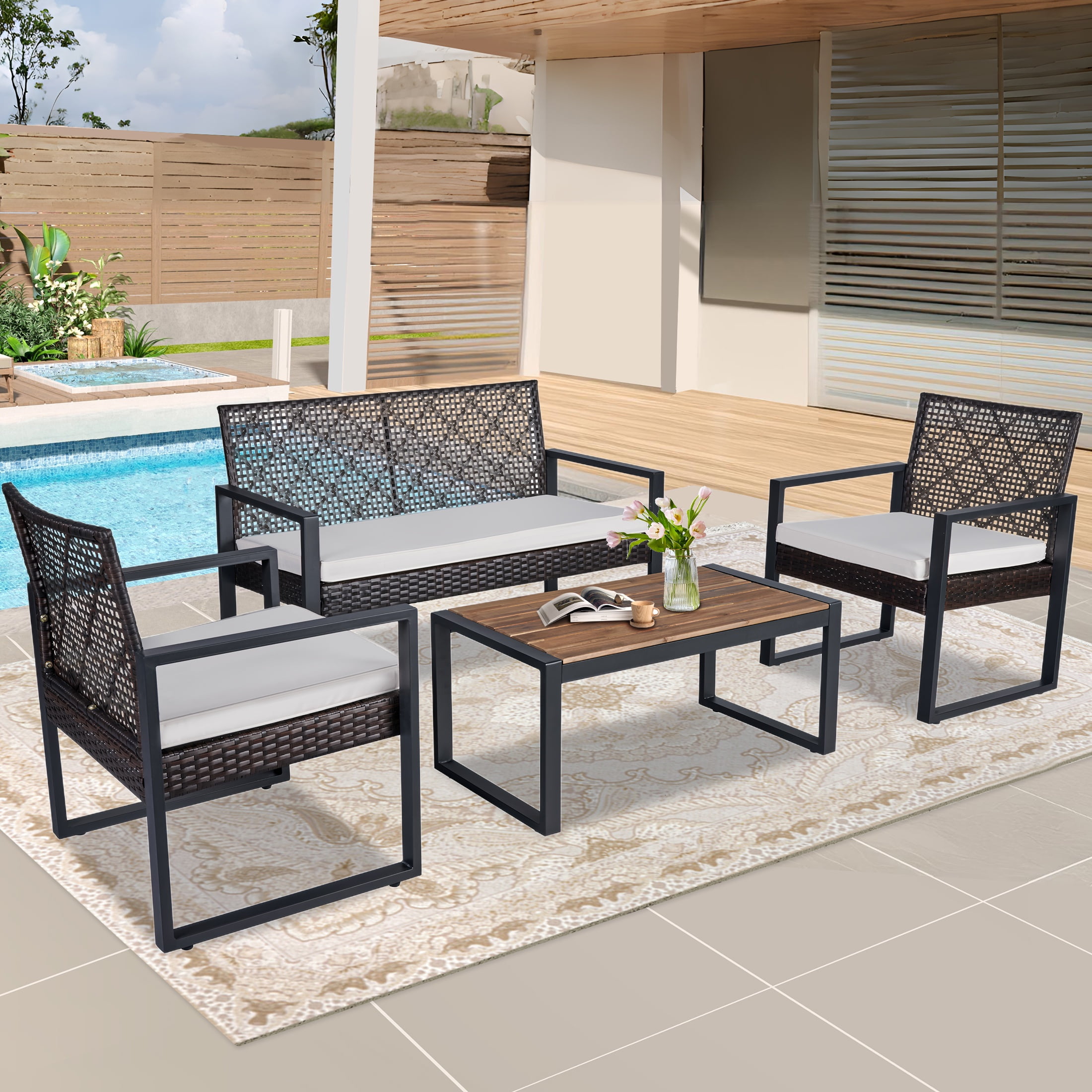 Segmart Patio Furniture, 4-Piece Rattan Couch Set with Cushions, Acacia ...