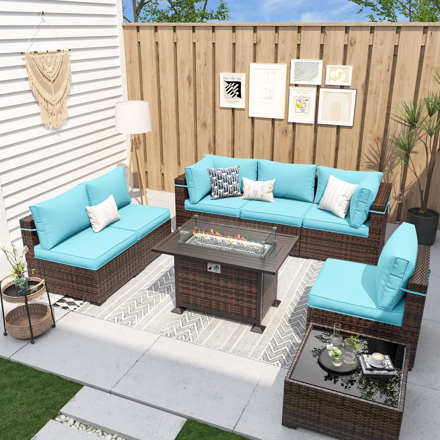 Patio Furniture Sets with Fire Pit Table Modular Rattan Outdoor ...