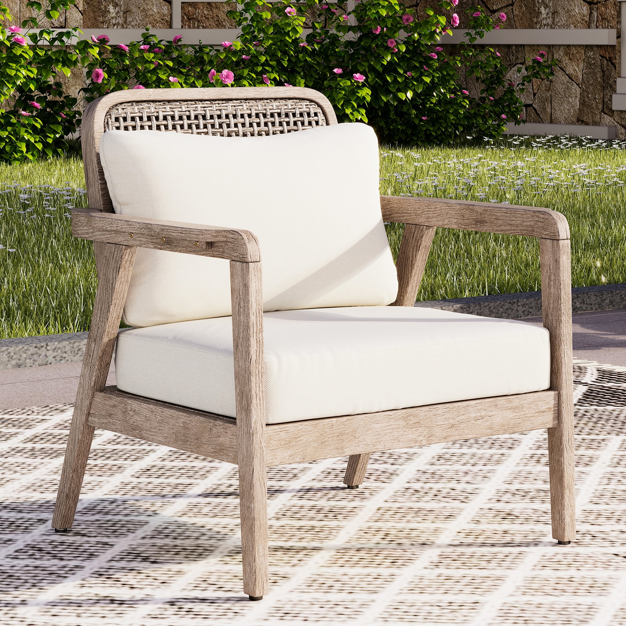 Patio Furniture: Wood Club Chair With Waterproof Cushion - For Garden ...