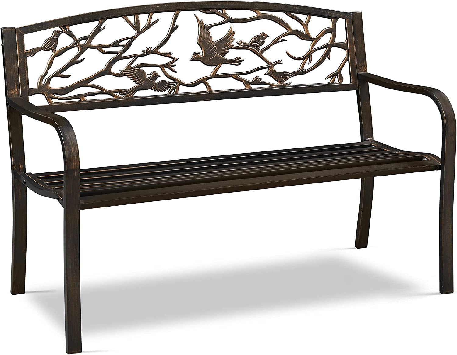 Patio Garden Bench Outdoor Cast Iron Metal Bench, w/Bird Design ...