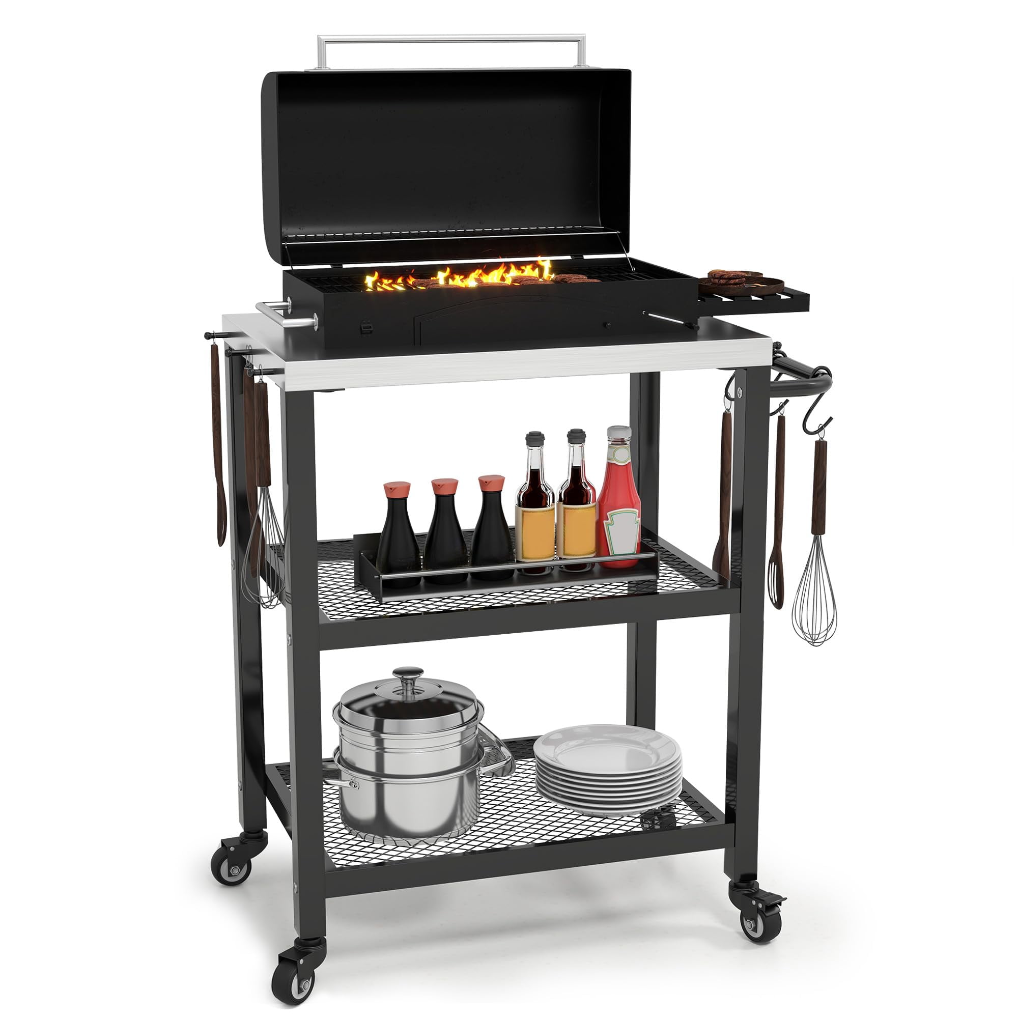 Patio Grill Prep Table with Stainless Top: Portable Cart for Outdoor ...