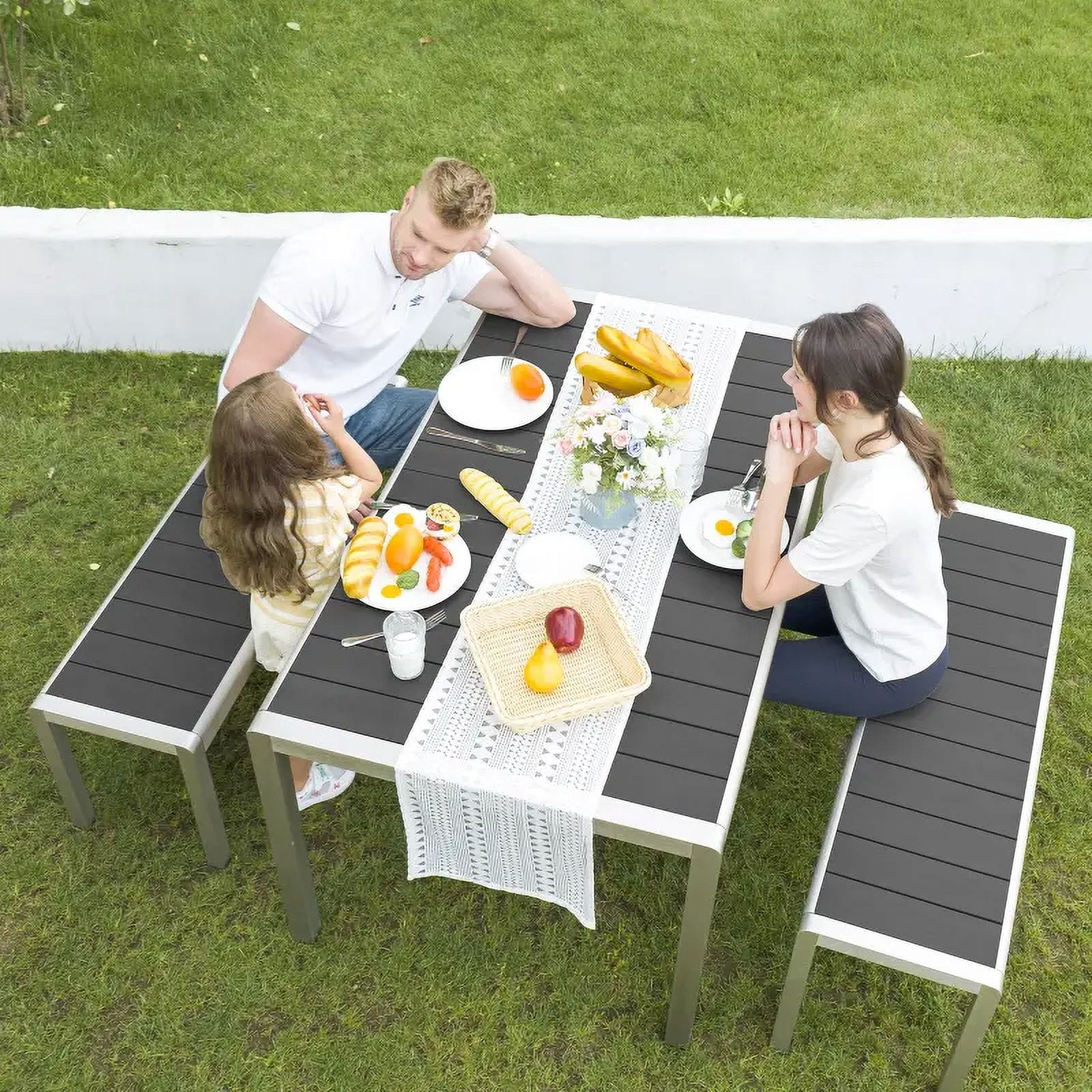 Patio Long Dining Table Bench Set, 2 Benches and 1 Table, Enjoy ...
