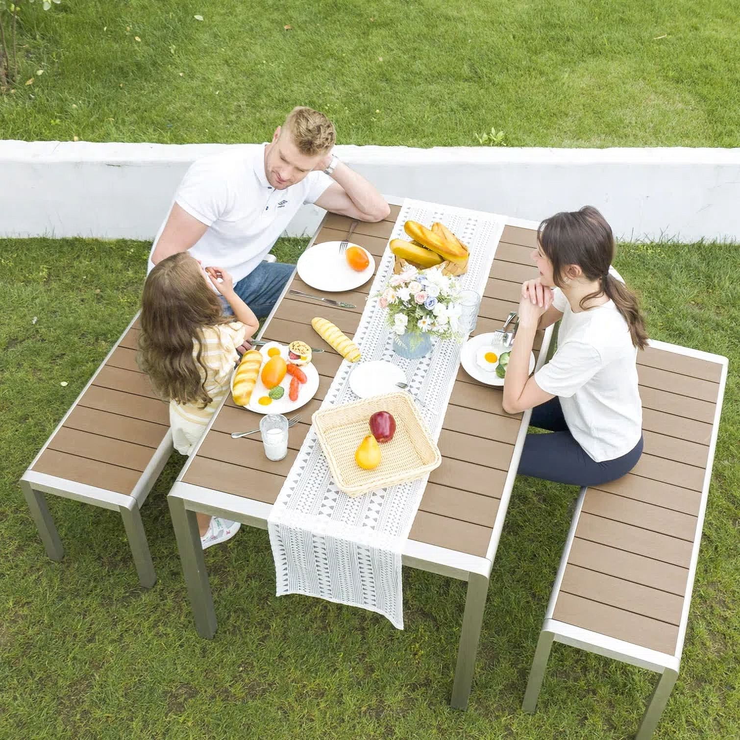 Patio Long Dining Table Bench Set, 2 Benches and 1 Table, Enjoy ...